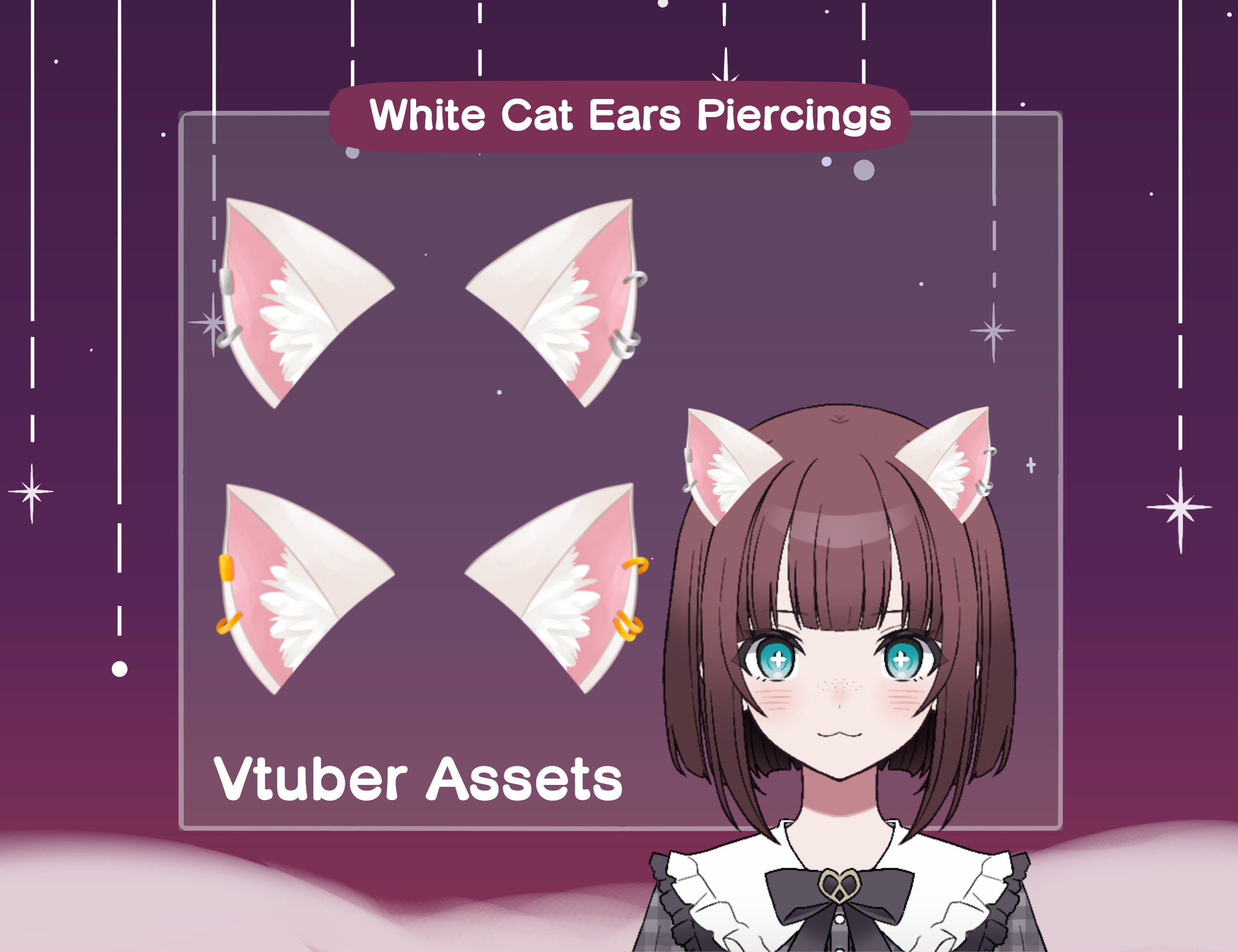 Vtuber White Cat Ears Piercings Assets Pierced Cat Ears Silver Gold Piercings - Etsy
