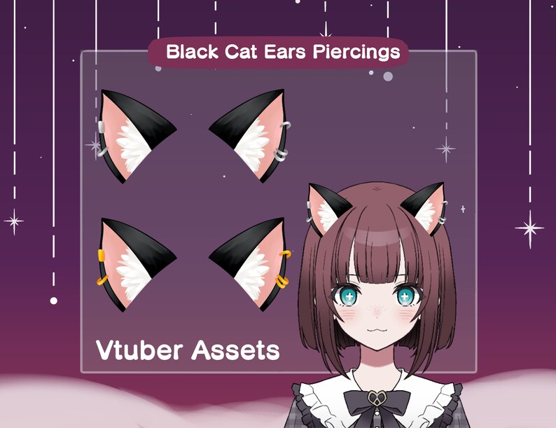 Vtuber Black Cat Ears Piercings Assets Pierced Cat Ears Silver Gold ...