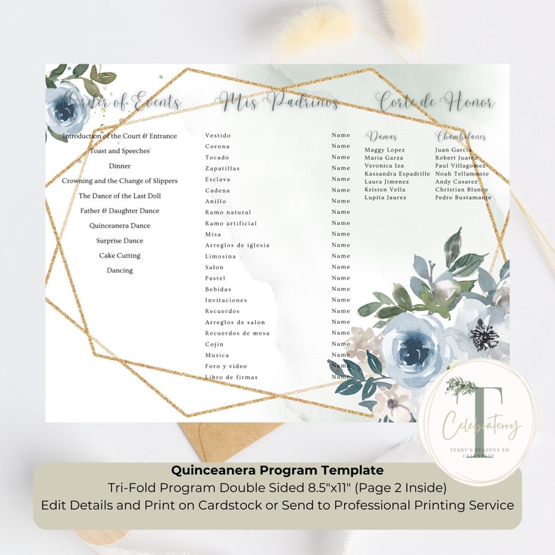Quinceañera Program Printable Baby Blue Green Floral, EDITABLE TEMPLATE ...
