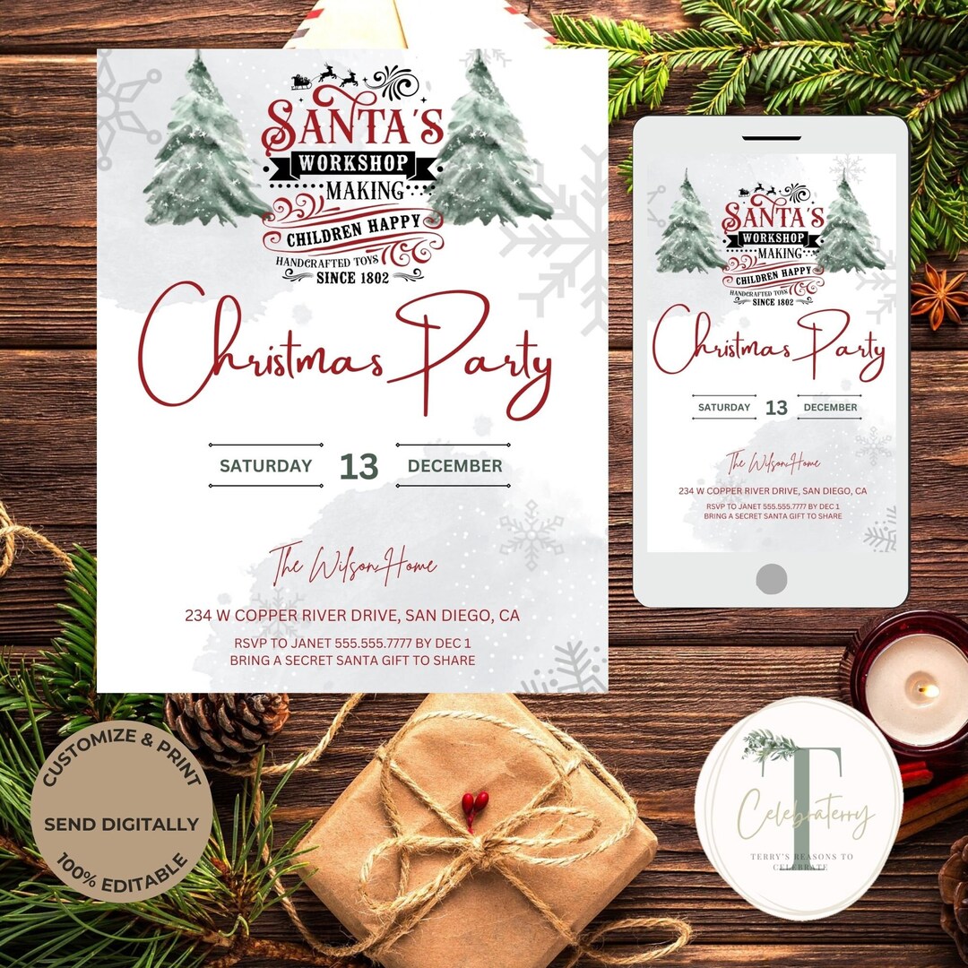 Christmas Party Invitation, Santa's Workshop, Personalized Editable ...