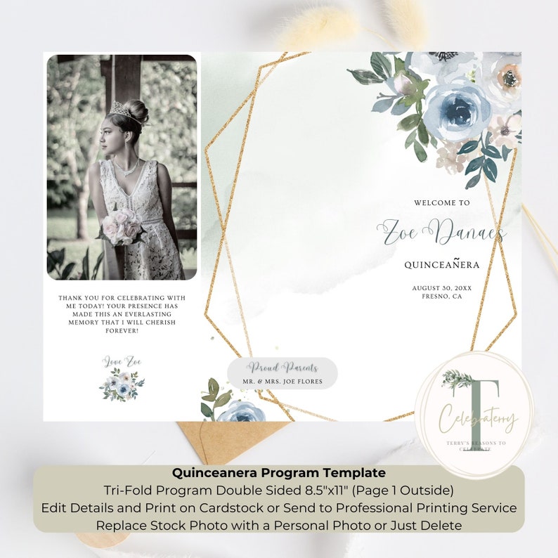 Quinceañera Program Printable Baby Blue Green Floral, EDITABLE TEMPLATE ...