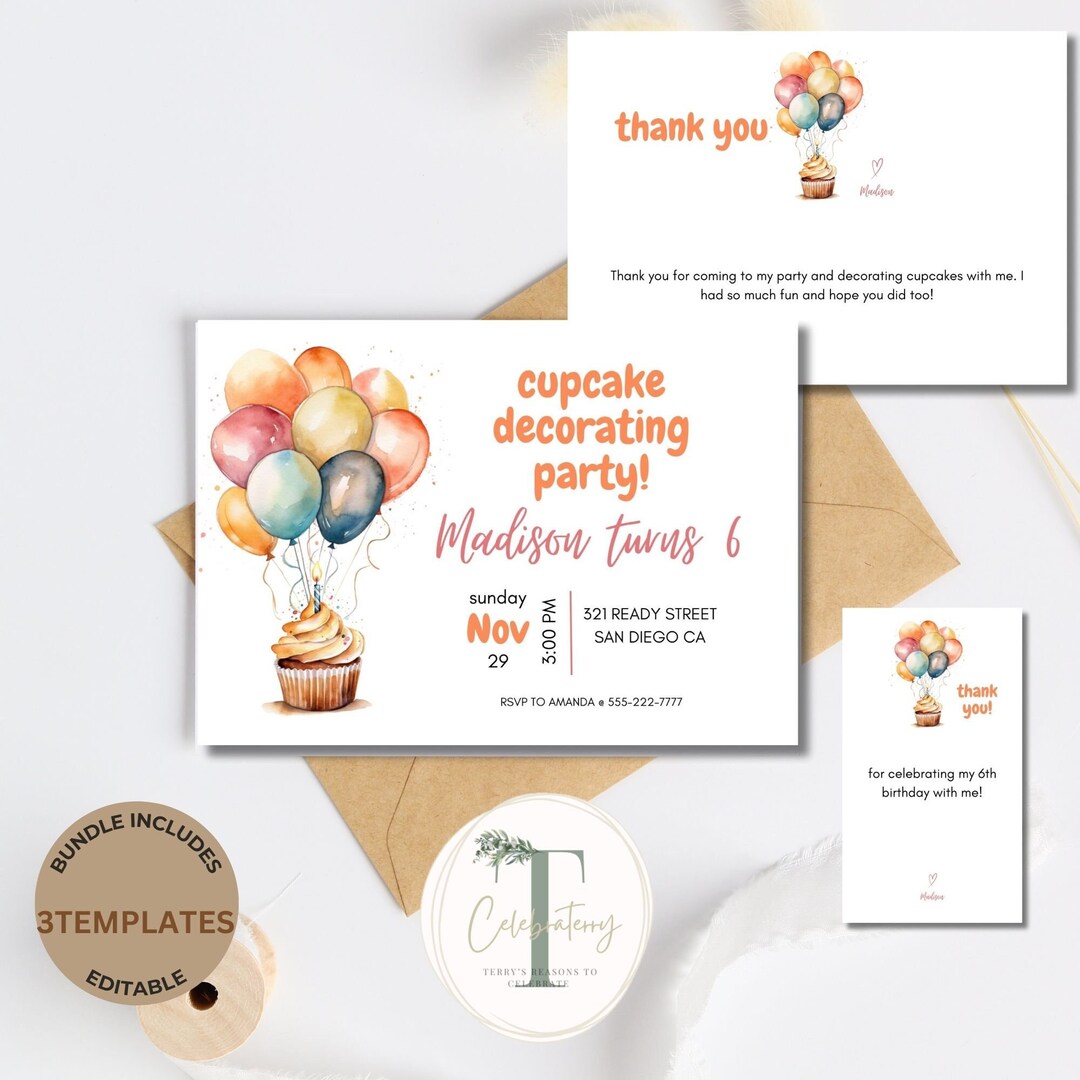 Birthday Invitation Bundle, Editable Birthday Cupcake Template, Cupcake ...