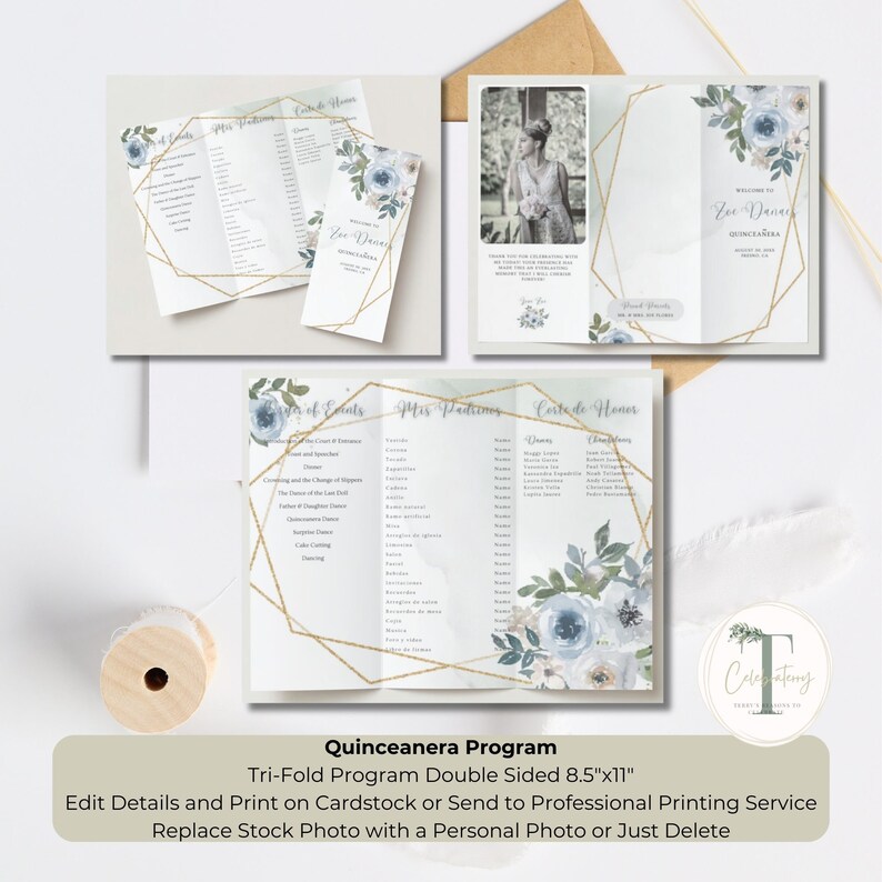 Quinceañera Program Printable Baby Blue Green Floral, EDITABLE TEMPLATE ...