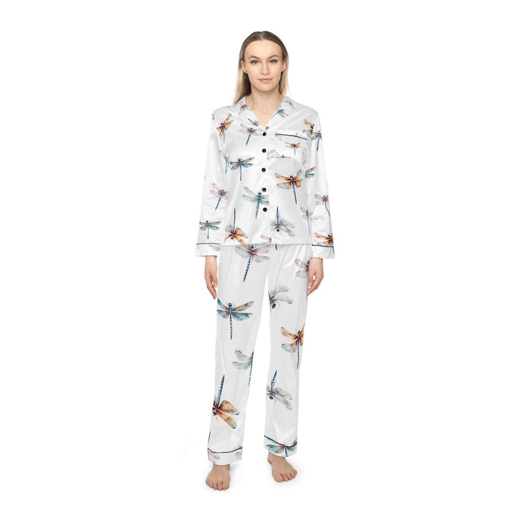 Women's Satin Pajamas Butterfly Design, White Soft Women's Pajama Set ...