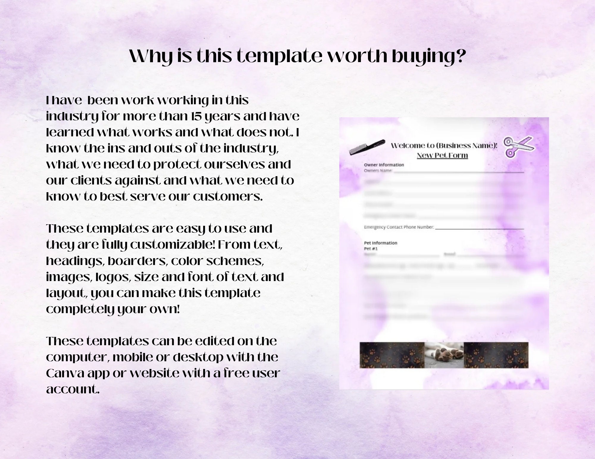 Dog Grooming Intake Form for New Pet, Pet Grooming Salon Essentials ...