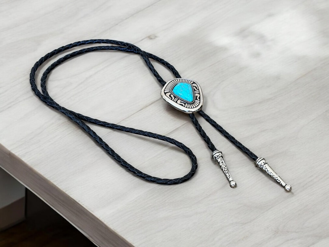 Men's Western Bolo Tie Black Stone Leather Cord Woven Western Father's ...