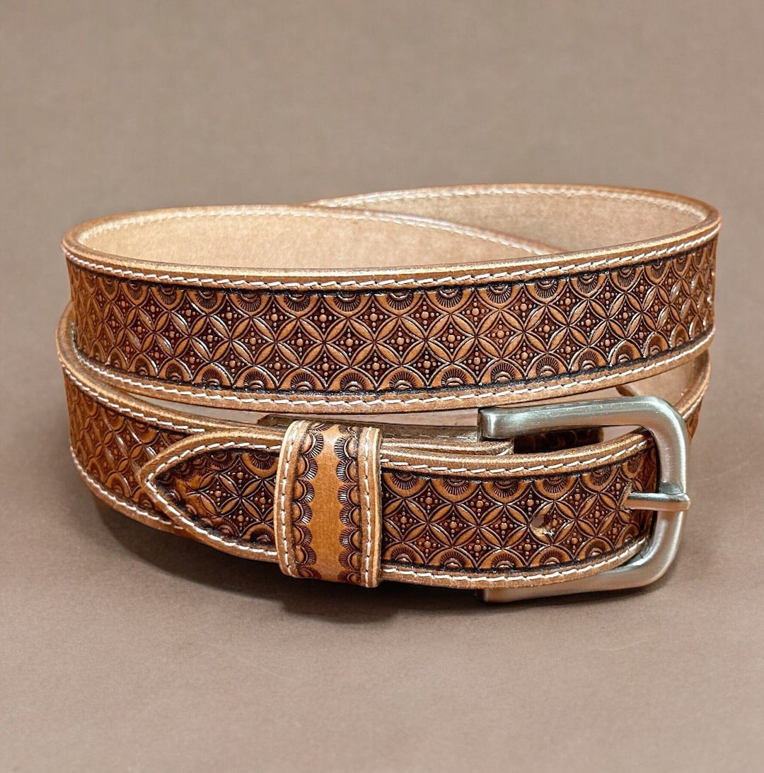 Men's Western Full Grain Genuine Leather Belt Embossed Belt 1.5" Thick ...