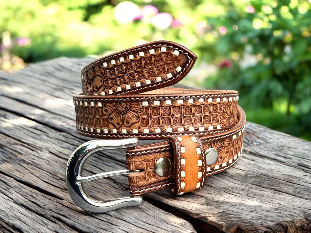 Western Western Full Grain Genuine Leather Belt Floral Handmade ...
