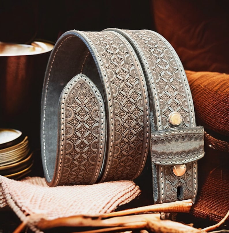 Men's Western Full Grain Genuine Leather Belt Embossed Belt 1.5" Thick ...
