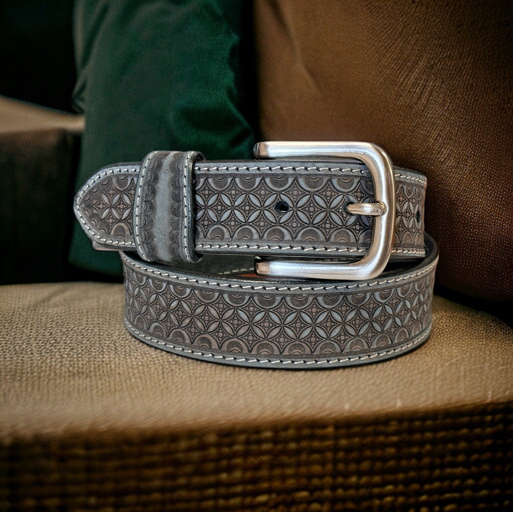 Men's Western Full Grain Genuine Leather Belt Embossed Belt 1.5" Thick ...