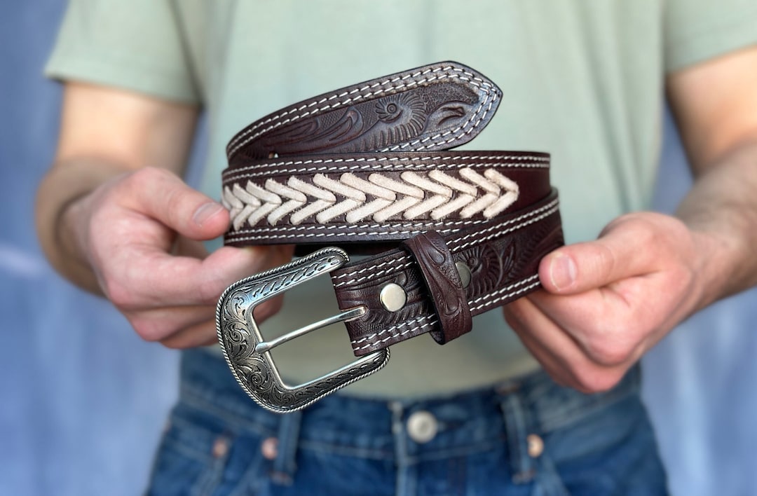 Men's Western Leather Belt Full Grain Genuine Leather Tooled With ...
