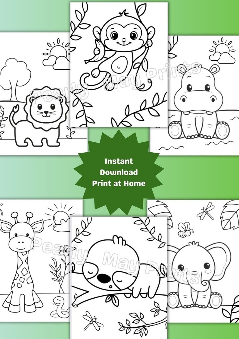 Printable Jungle Animal Coloring Pages (six Pages), Large Print, Kids ...