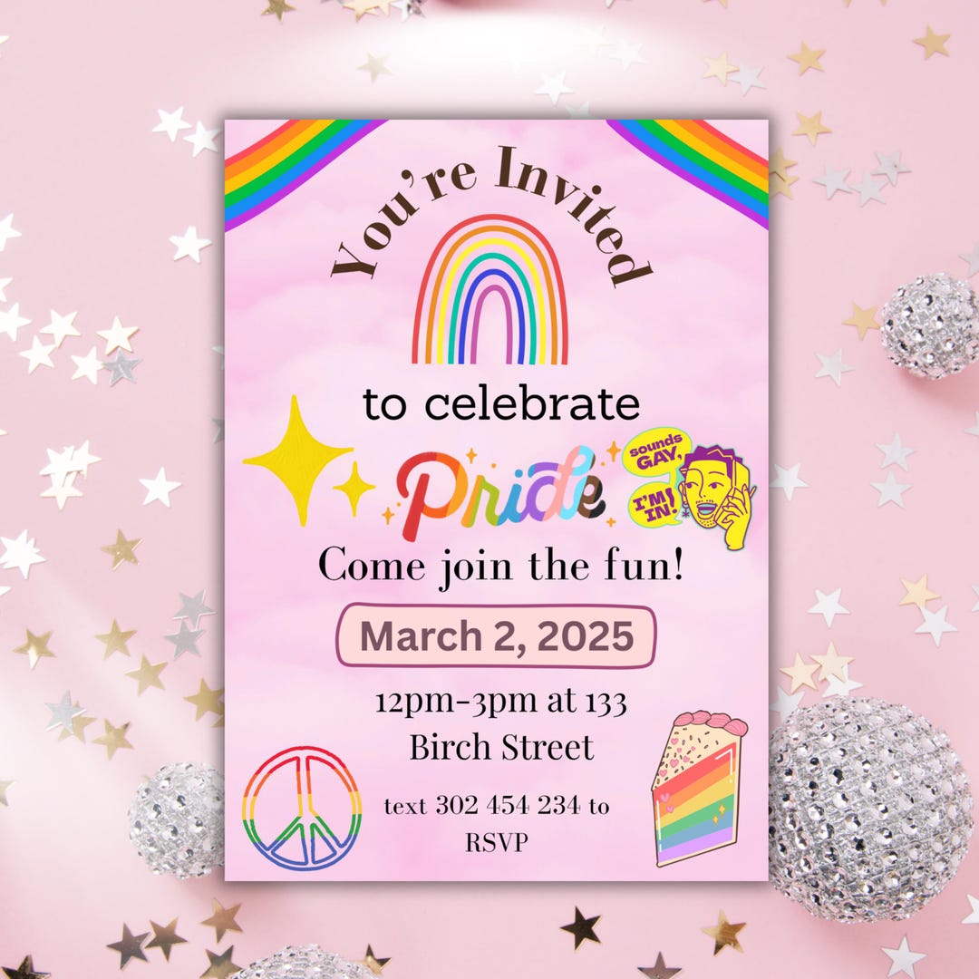 LGBTQ+ Pride Party Invitation Template Rainbow Editable Invite Gay ...