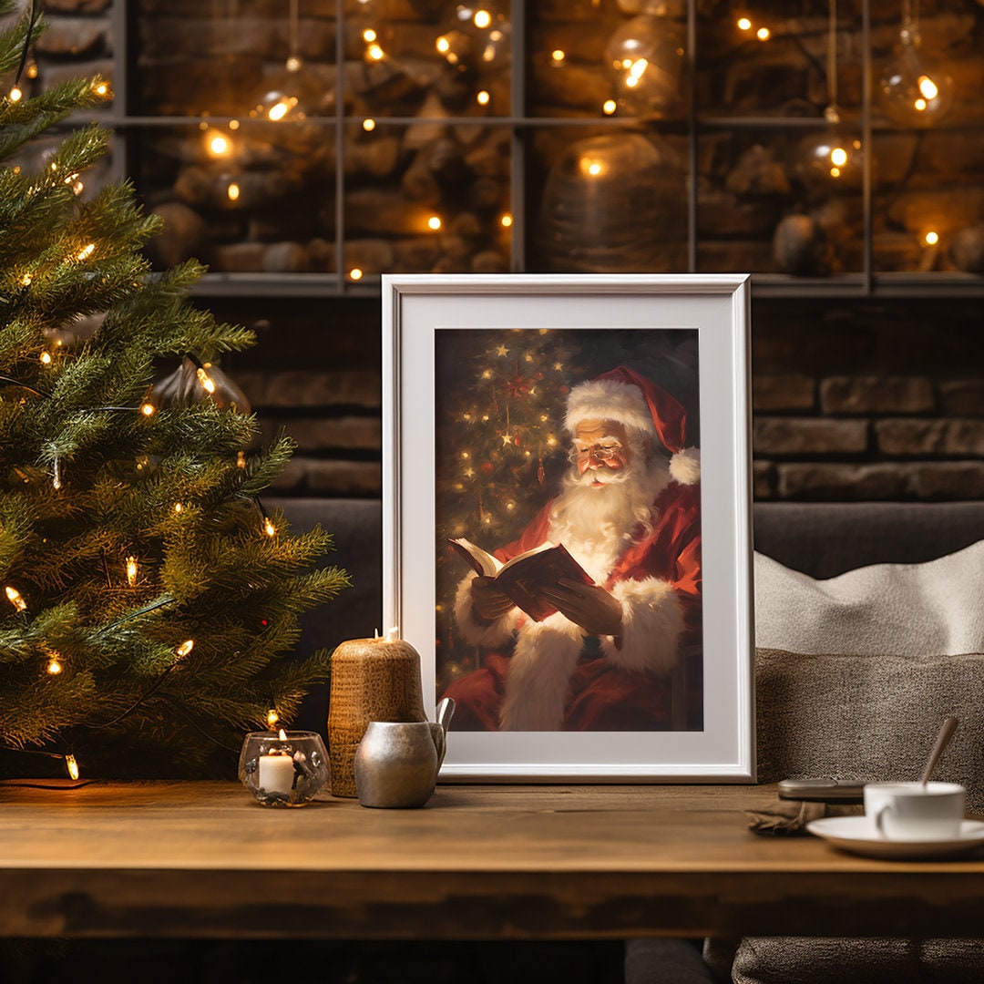 Vintage Christmas Wall Art Santa Reading Book Christmas Print Oil ...