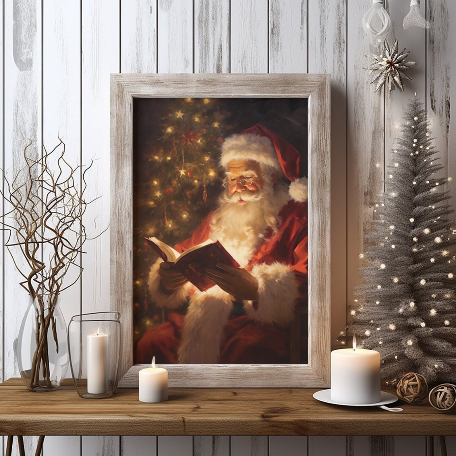 Vintage Christmas Wall Art Santa Reading Book Christmas Print Oil Painting Santa Claus Print ...