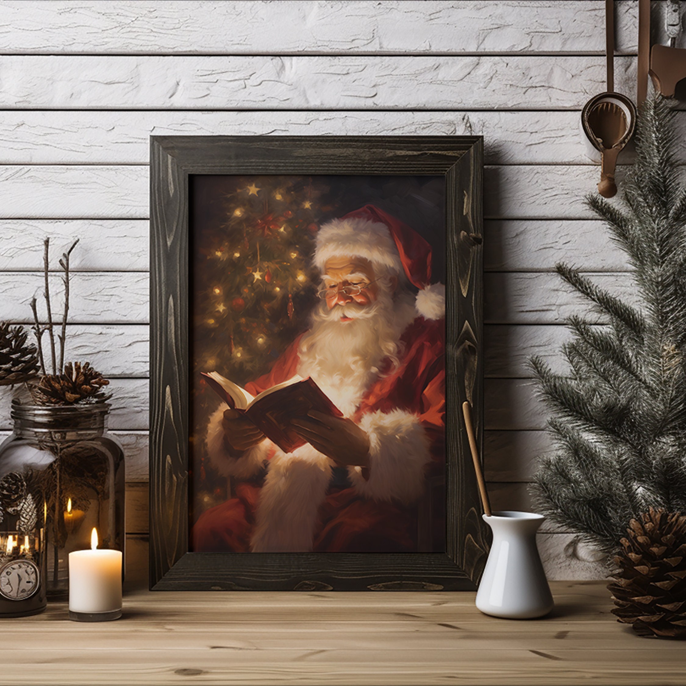 Vintage Christmas Wall Art Santa Reading Book Christmas Print Oil ...