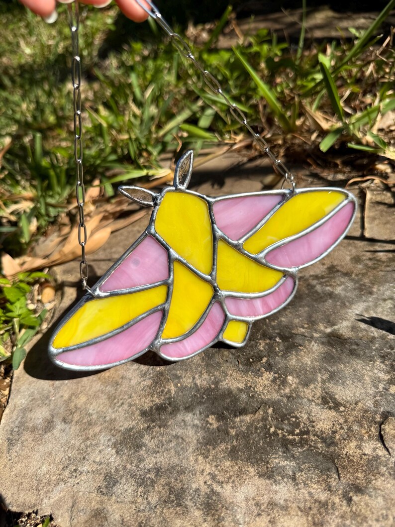 Rosy Maple Moth Stained Glass - Handmade Glass Art - Window Suncatcher ...