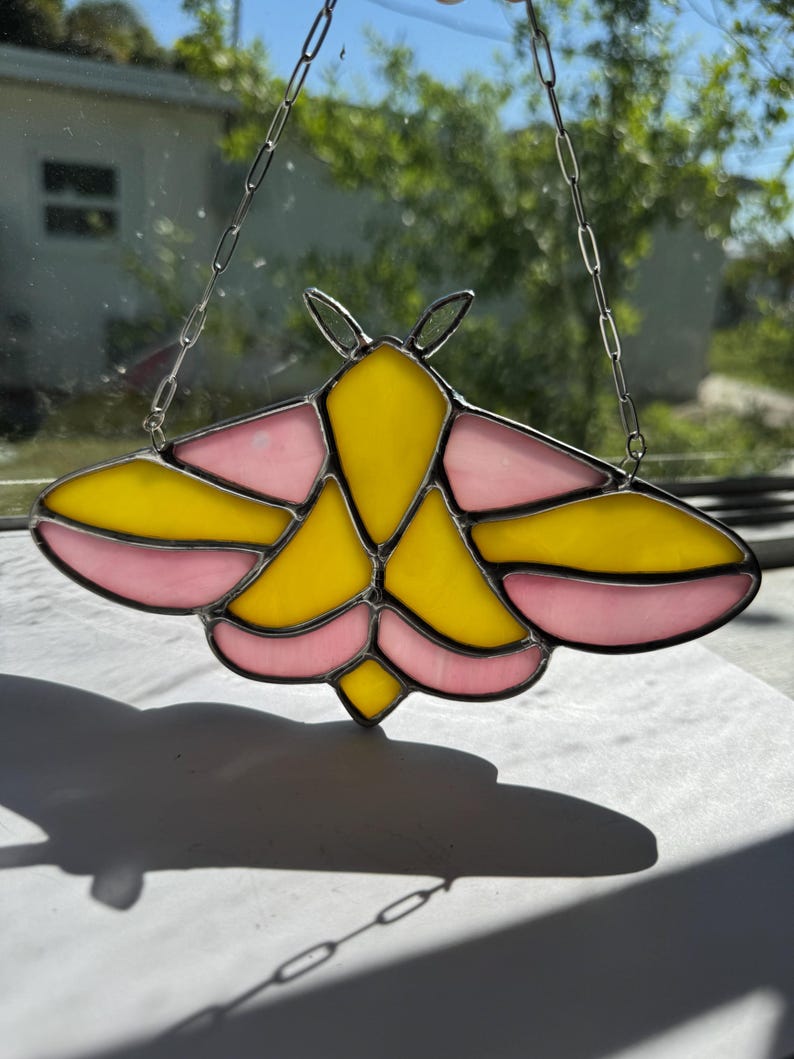 Rosy Maple Moth Stained Glass - Handmade Glass Art - Window Suncatcher ...
