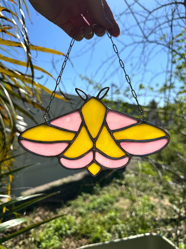 Rosy Maple Moth Stained Glass - Handmade Glass Art - Window Suncatcher ...