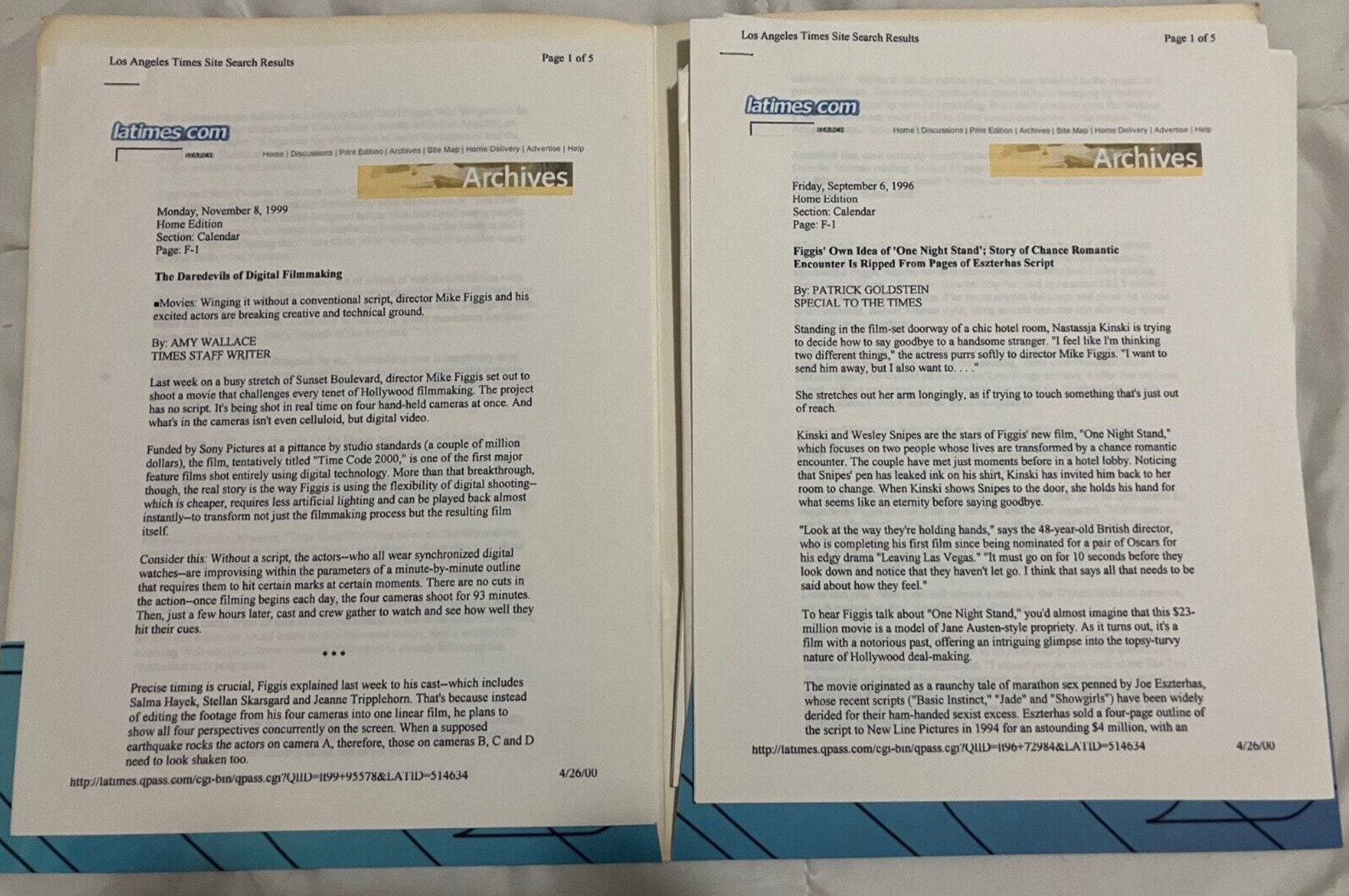 Time Code Press Kit 2000 Salma Hayek, Stellan Skarsgård, Jeanne ...