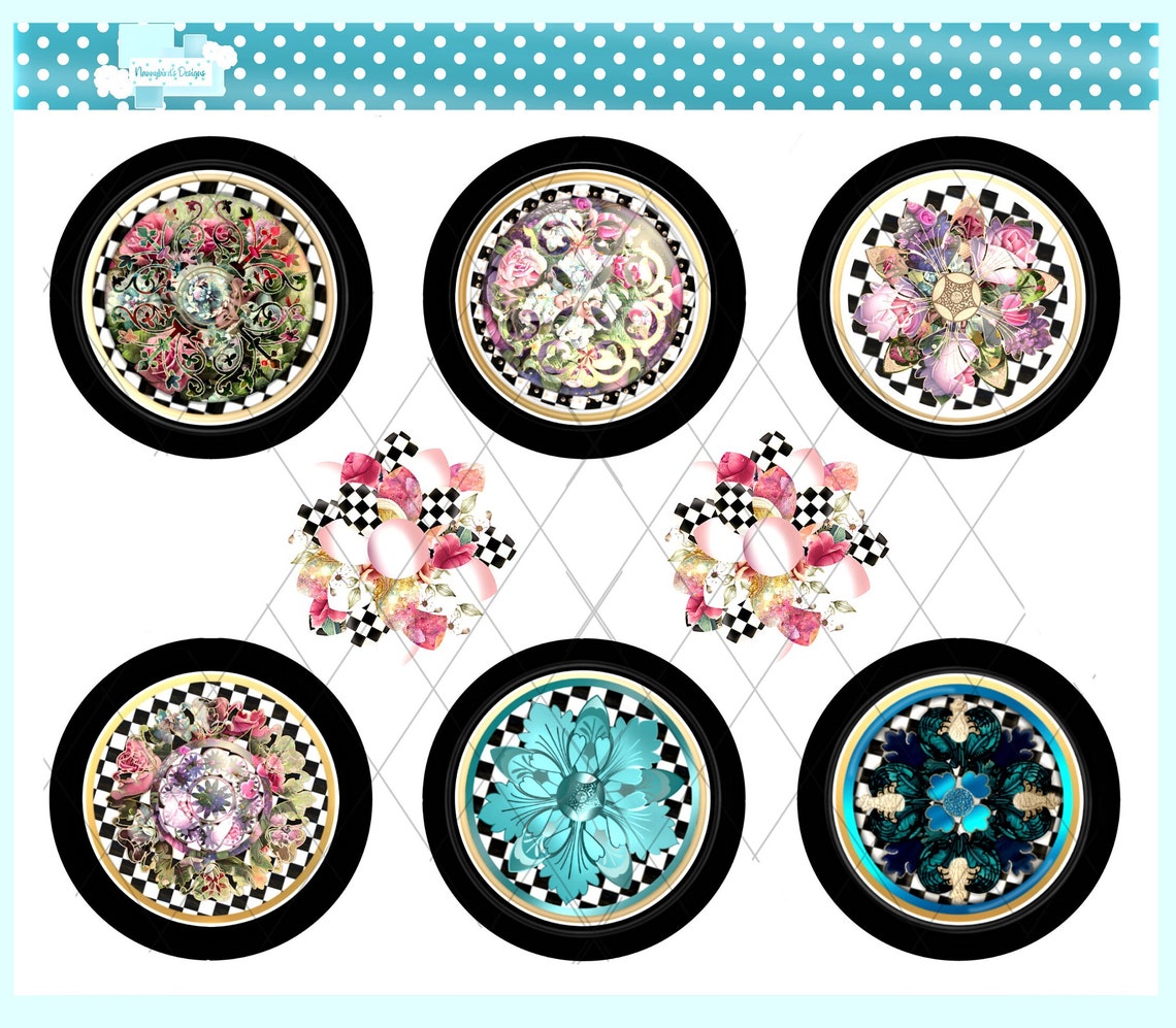 Sticker Set Floral Checkerboard Round Medallions Set of 6 Different ...