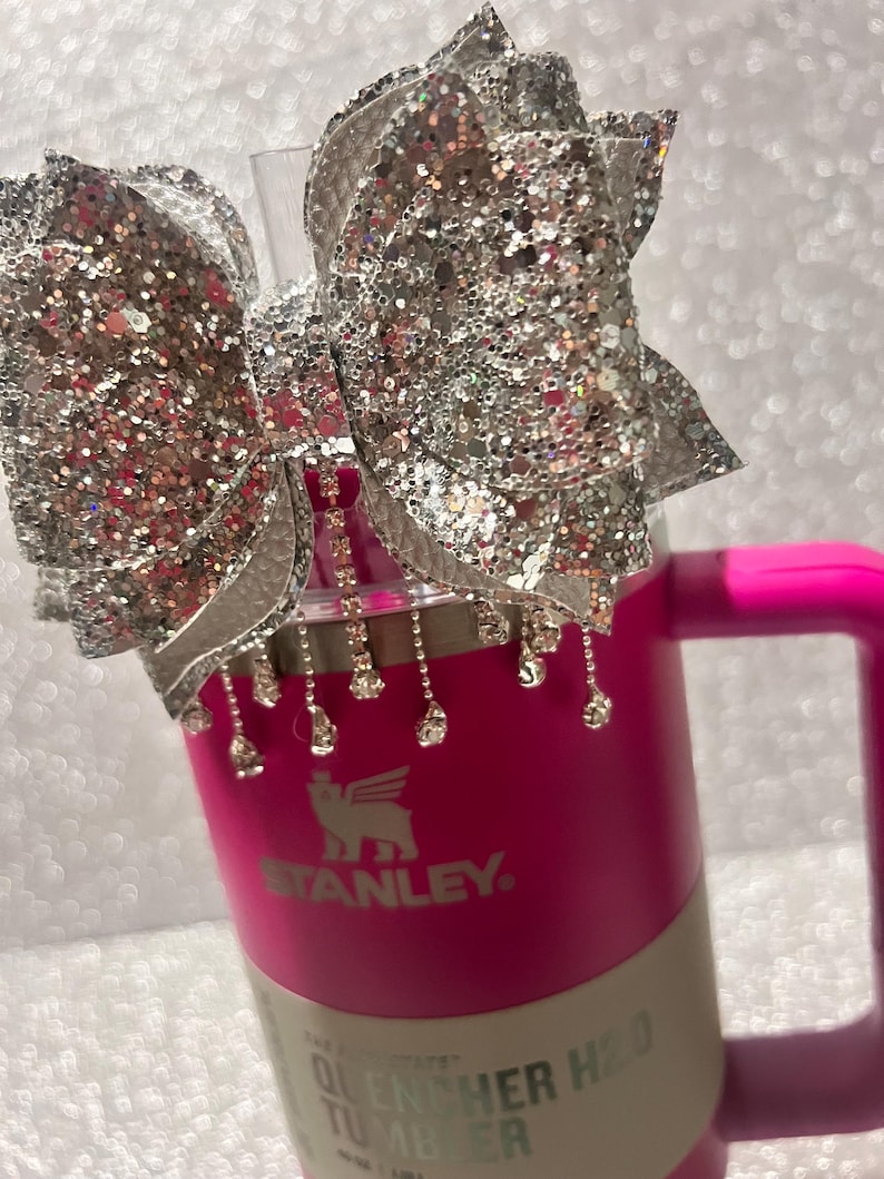 Dripping Crystal Stanley Glitter Tumbler Bow - Silver on Silver - Etsy