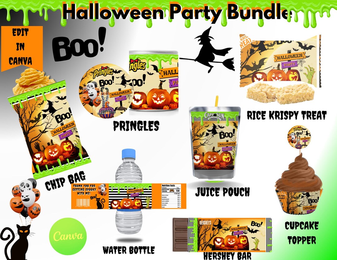 Editable Halloween Party Favor Bundle: Chip Bag, Water Bottle (digital ...