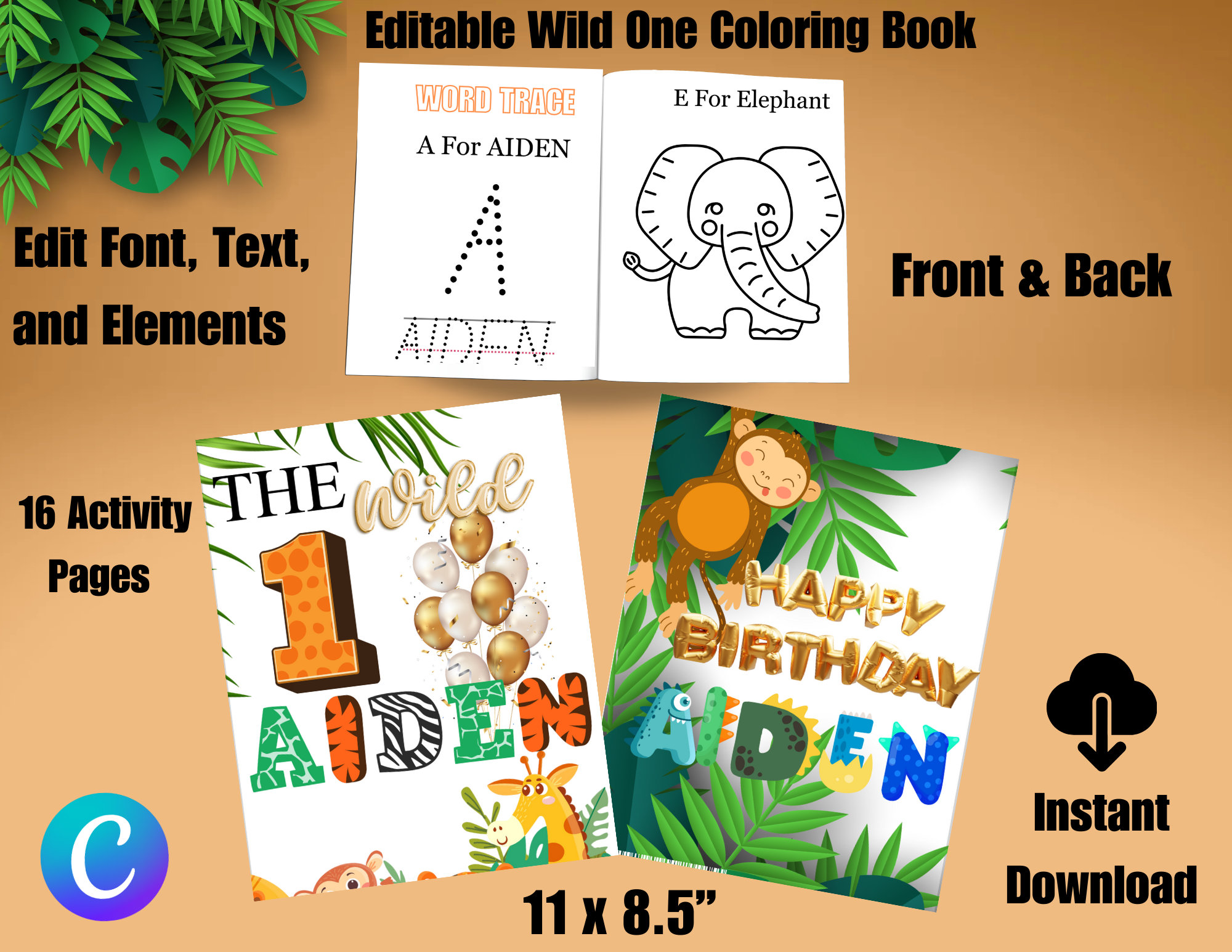 Editable Animals Coloring Book: Jungle Safari Birthday (PDF Download ...