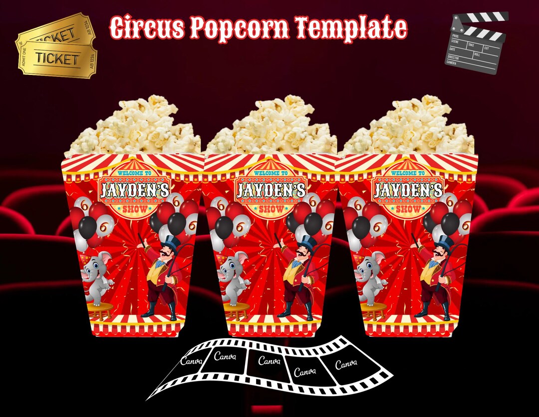 Editable Circus Popcorn Box Template: DIY Carnival Party Favor (canva ...