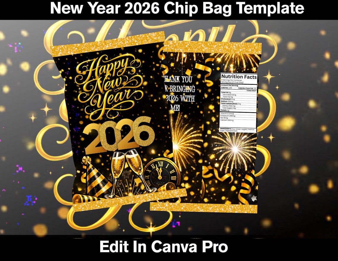 New Year 2026 Chip Bag Template, Editable Party Favor (digital Download ...