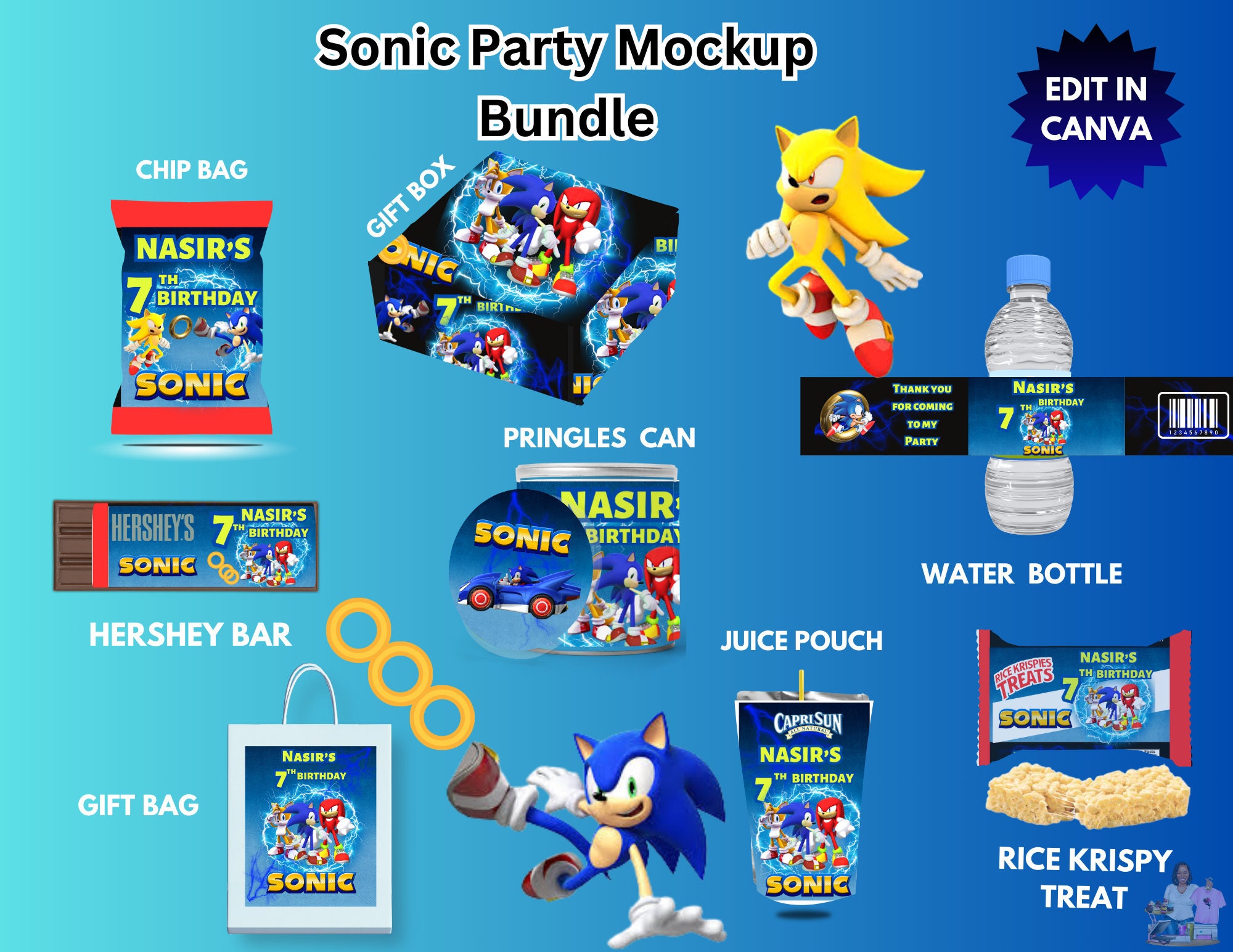 Sonic Party Bundle Mockup, Printable Party Bundle, Customized Party ...