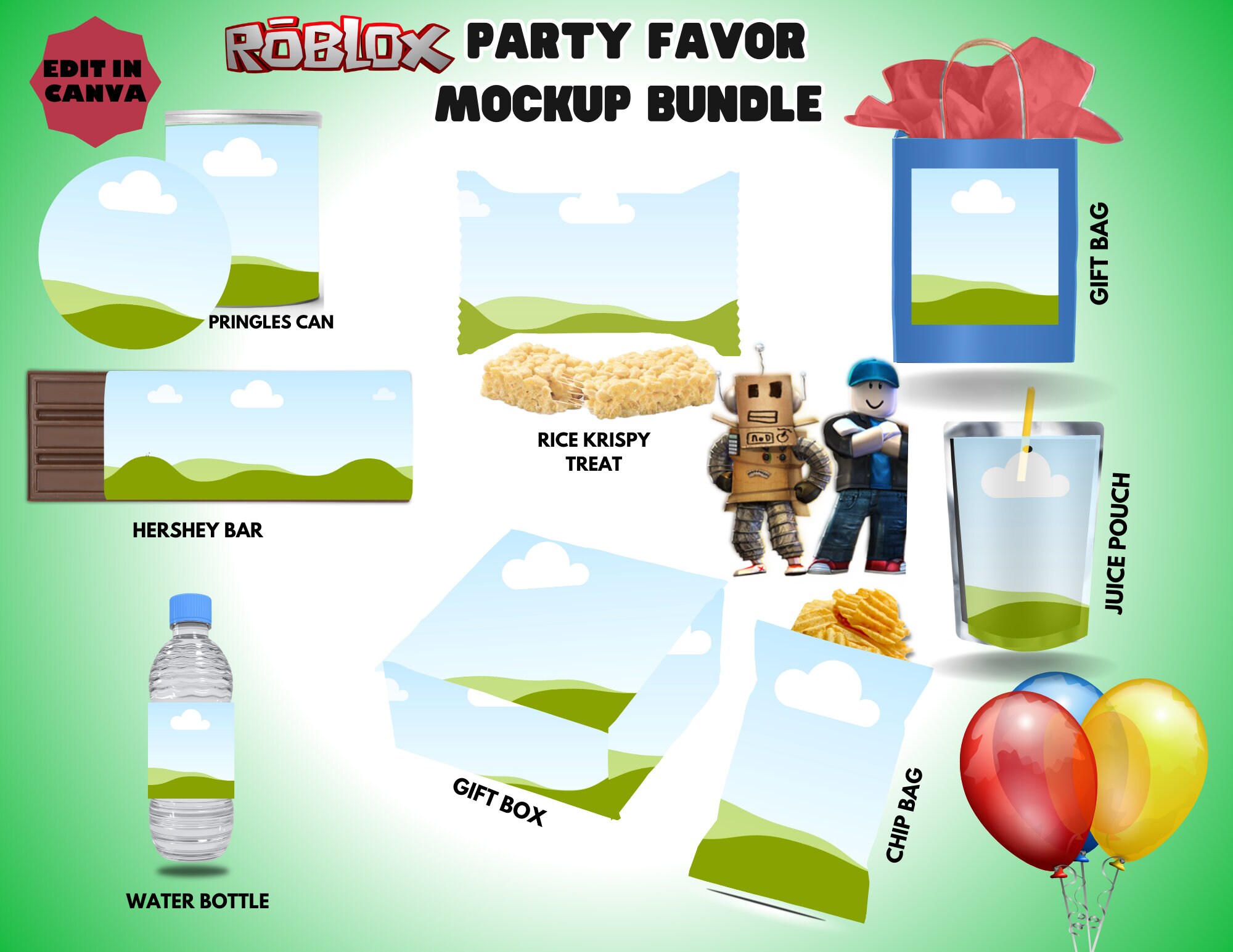 Roblox Birthday Party Favors Mockup Bundle: Editable Canva Templates ...