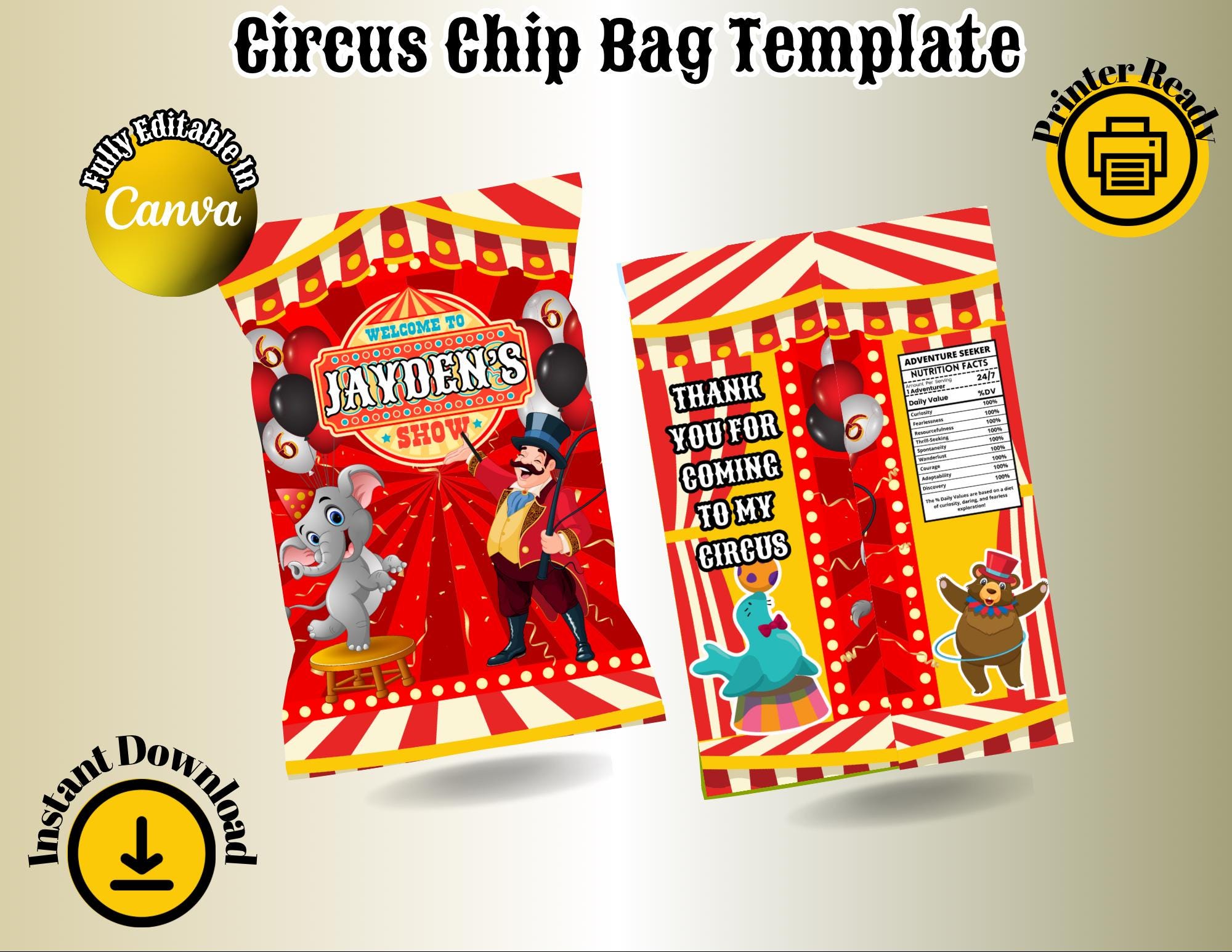 Editable Circus Chip Bag Template: Canva Birthday Party Favor (digital ...