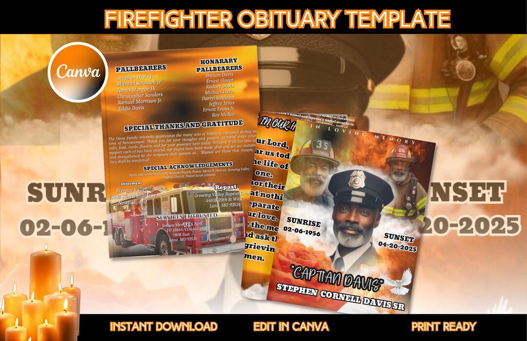 Firefighter Obituary Template, 12 Page Memorial Program, Canva Pro ...