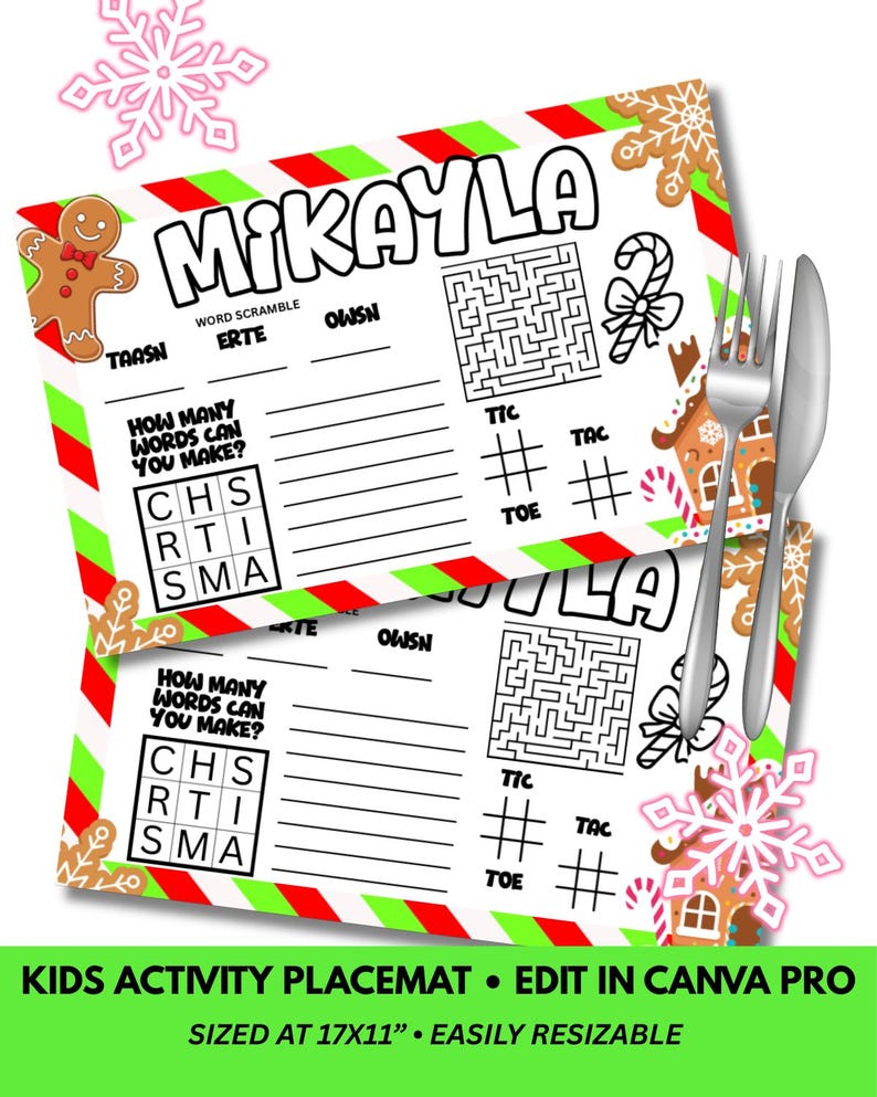 Editable Christmas Activity Placemats, Kids Holiday Games (digital ...
