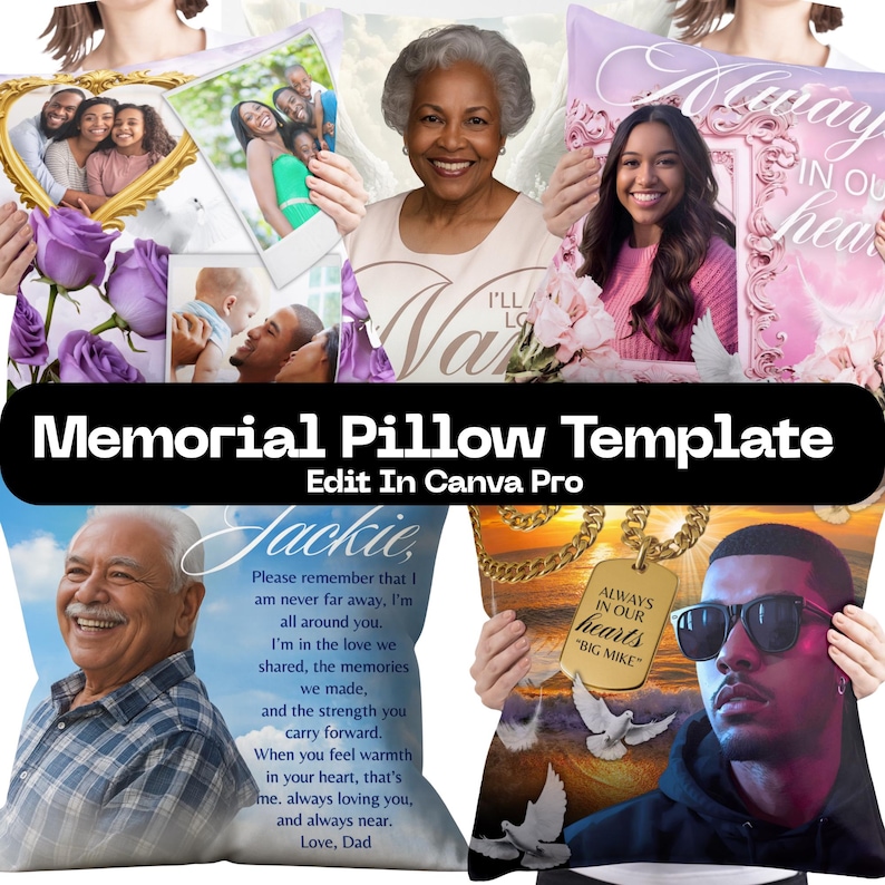 Set of 5 Memorial Pillow Templates | Editable Canva Pro Designs | 18x18 ...