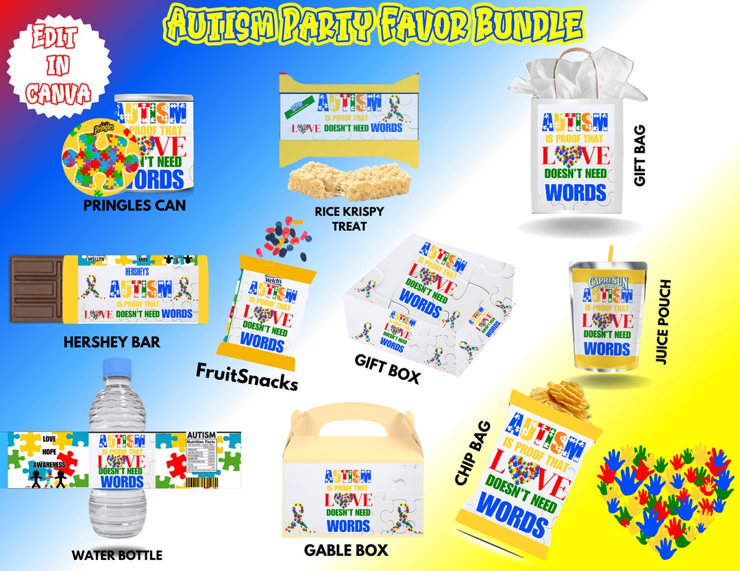 Autism Party Favor Mockup Bundle: DIY Chip Bag, Labels (canva Editable ...