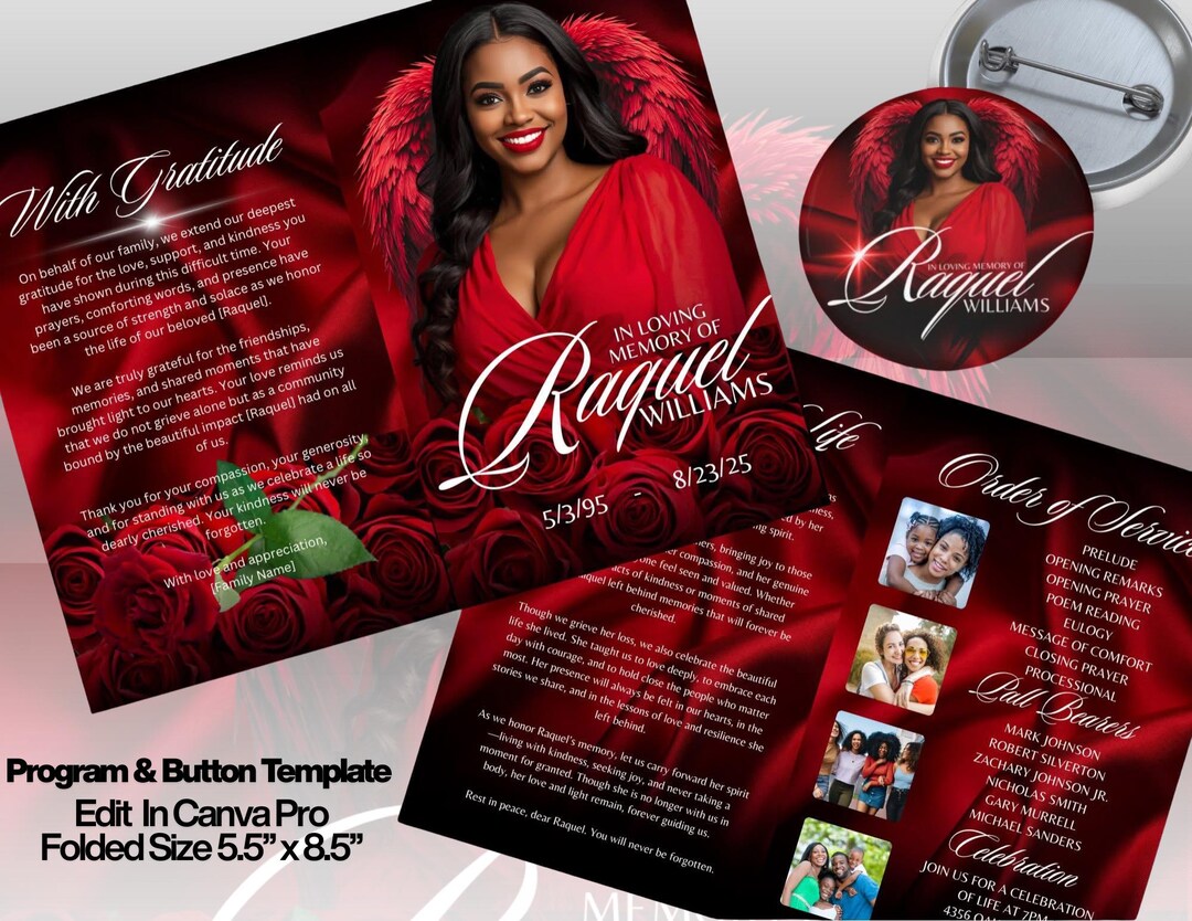 Luxury Memorial Program & Button Template, Elegant Funeral Keepsake ...