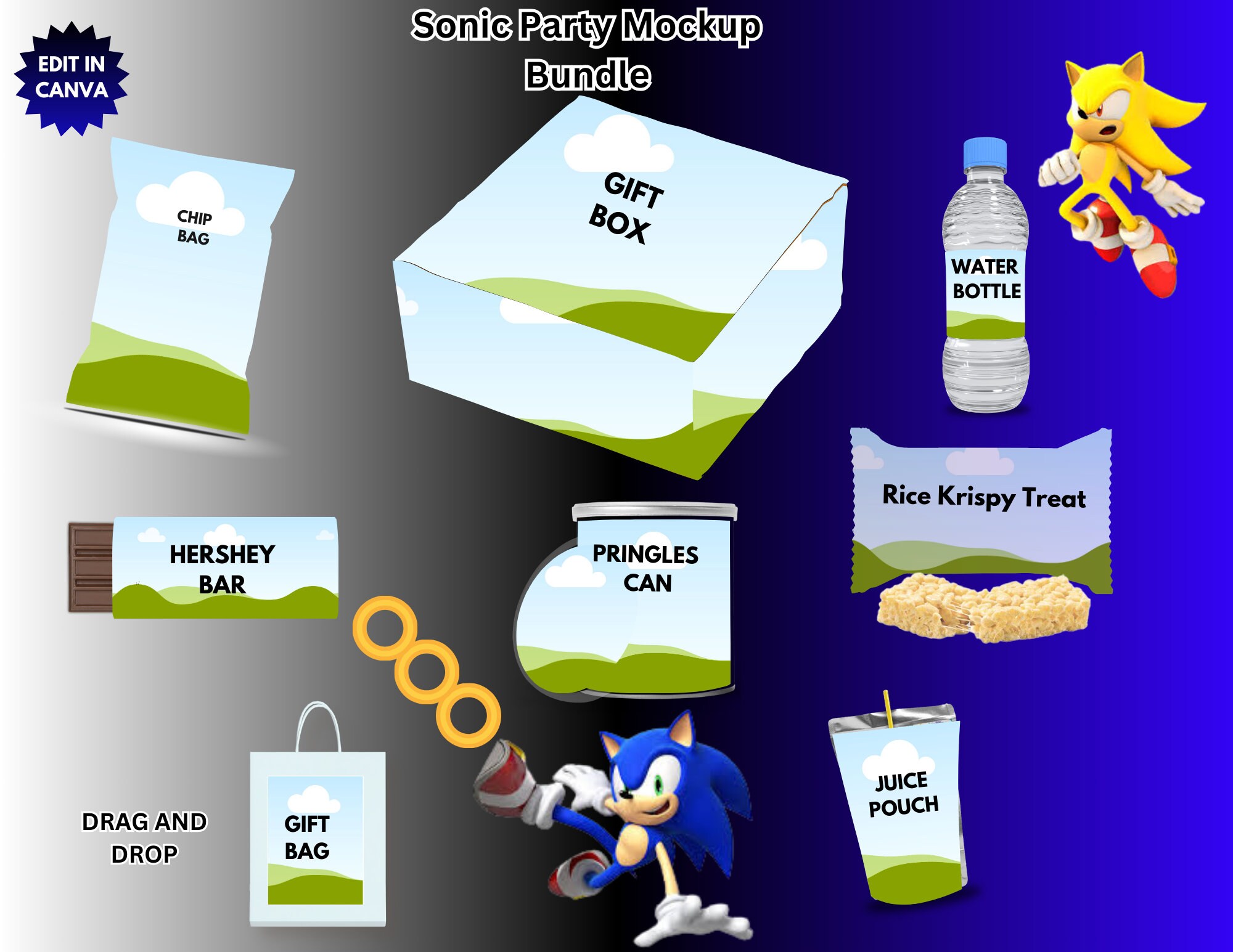 Sonic Party Favor Mockup Bundle: Chip Bag, Gift Box (digital Download ...