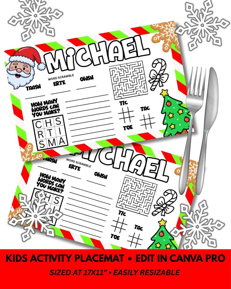 Editable Christmas Activity Placemats, Kids Holiday Games (digital ...