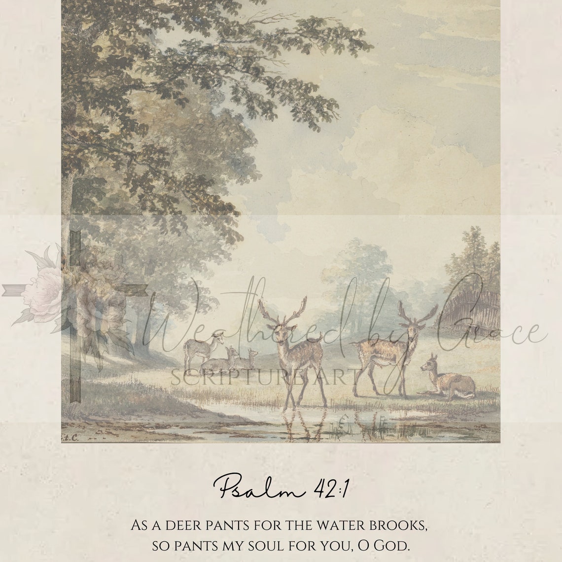 Scripture Wall Art Psalm 42 1 Vintage Deer Art Antique Painting Bible ...