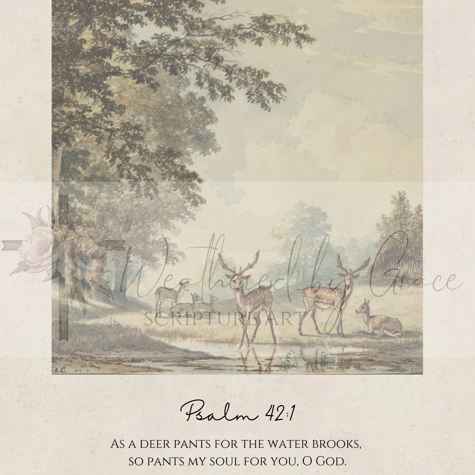 Scripture Wall Art | Psalm 42 1 | Vintage Deer Art | Antique Painting ...