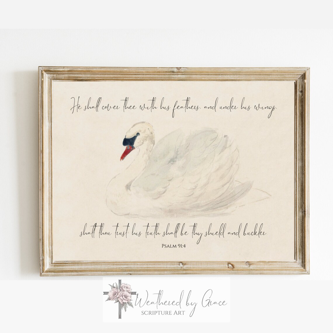 Scripture Wall Art Psalm 91 4 Bible Verse Vintage Swan Art Christian ...