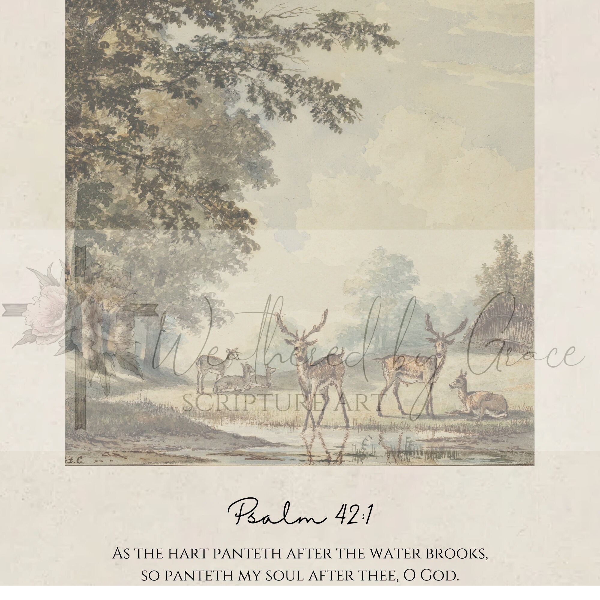 Scripture Wall Art KJV Psalm 42 1 Vintage Deer Art Antique Painting ...