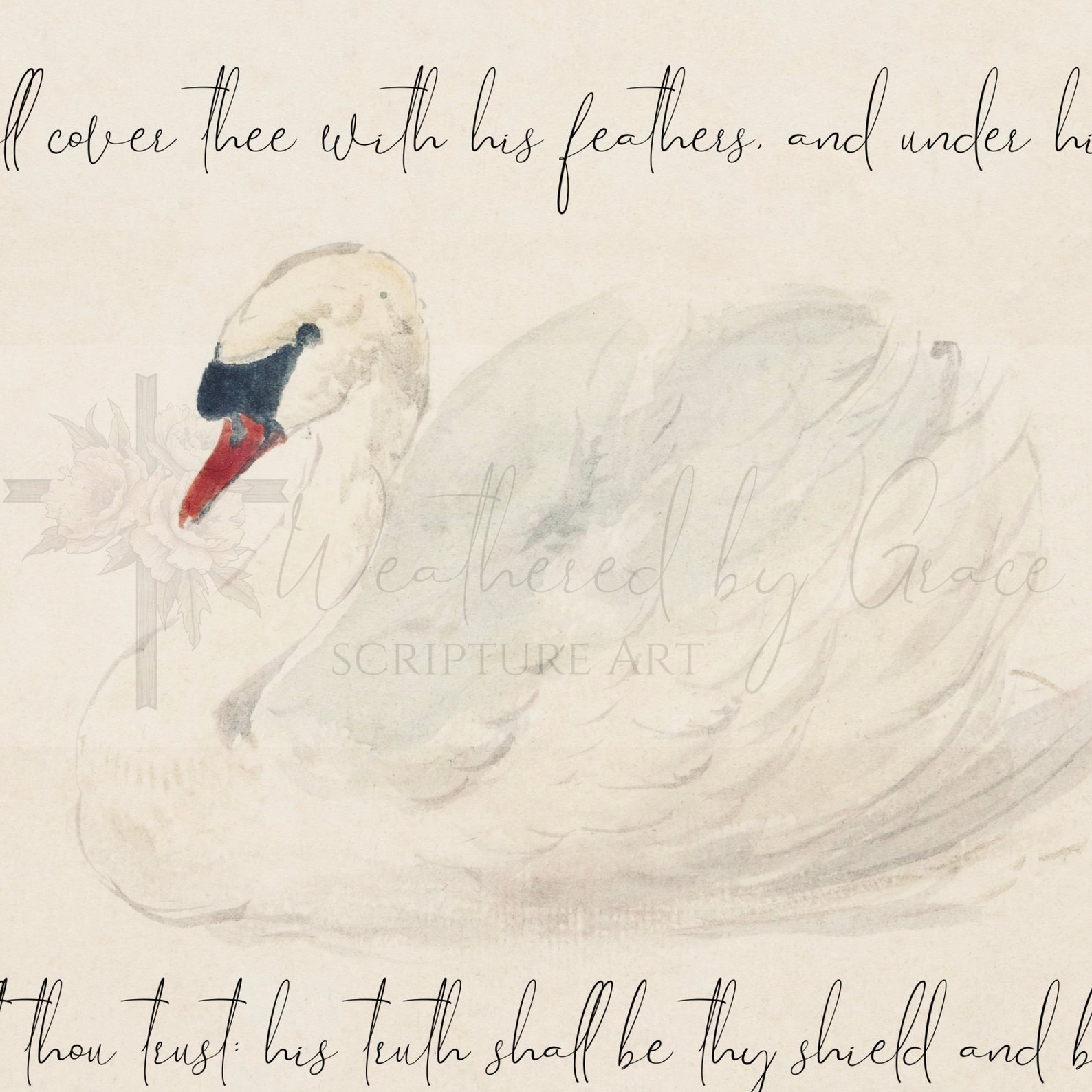 Scripture Wall Art Psalm 91 4 Bible Verse Vintage Swan Art Christian ...