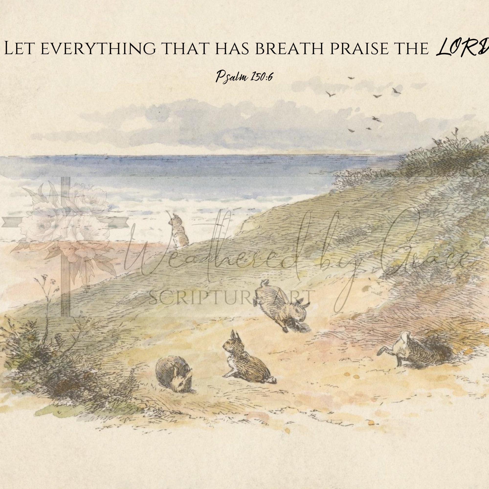 Scripture Wall Art | Psalm 150 6 | Vintage Rabbit Illustration | Bible ...