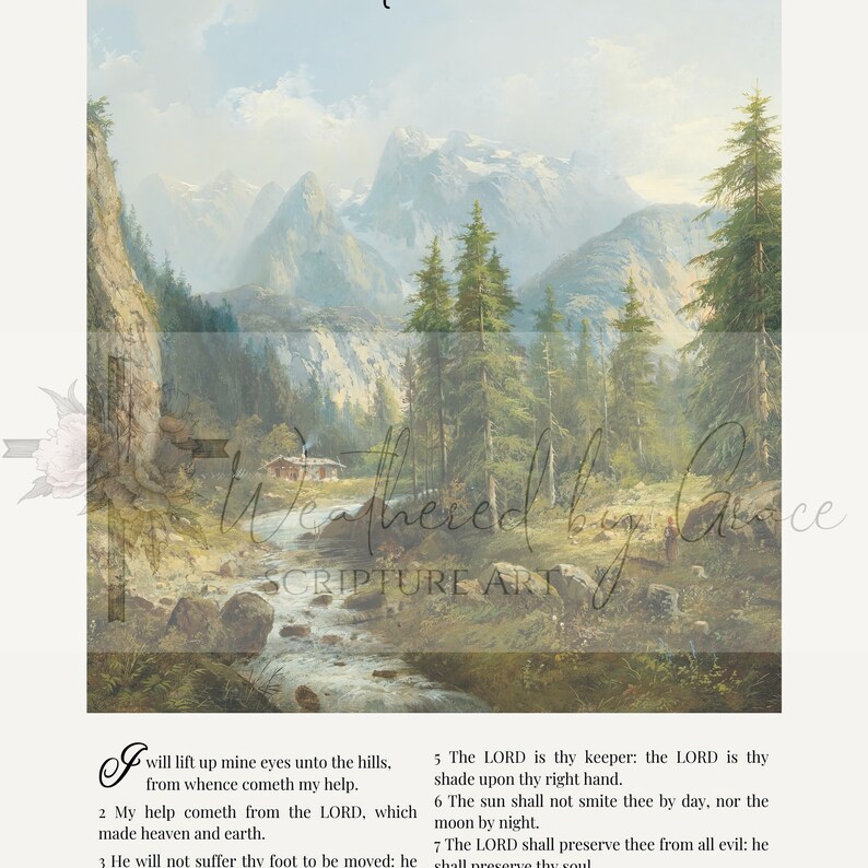 KJV Scripture Wall Art Psalm 121 Vintage Cottage Art Mountain Painting ...