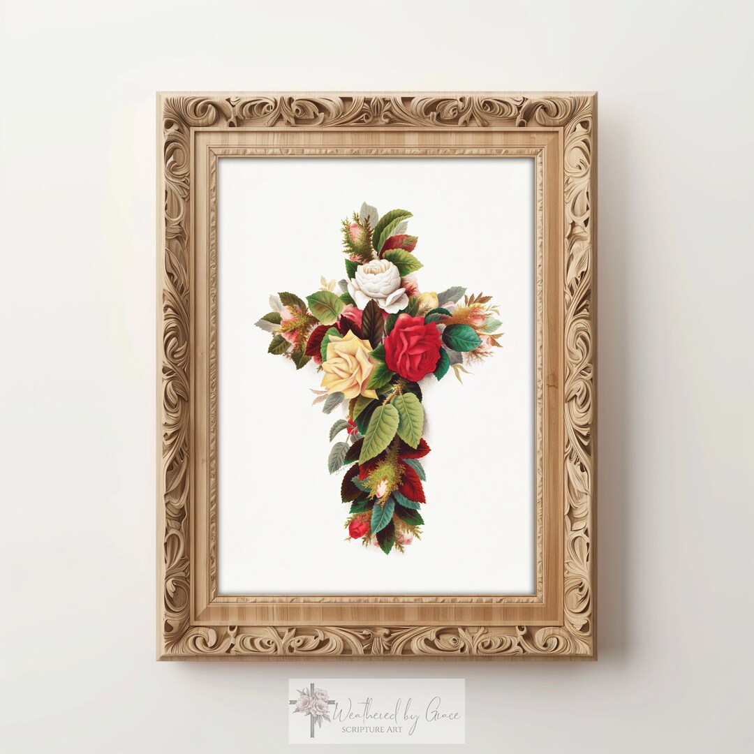 Vintage Rose Cross Painting Jesus Christ Christian Wall Art Antique ...