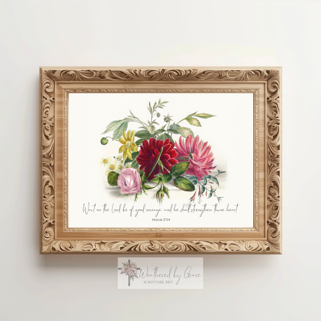 KJV Scripture Wall Art Psalm 27 14 Pink Flower Bouquet Wait on the Lord ...