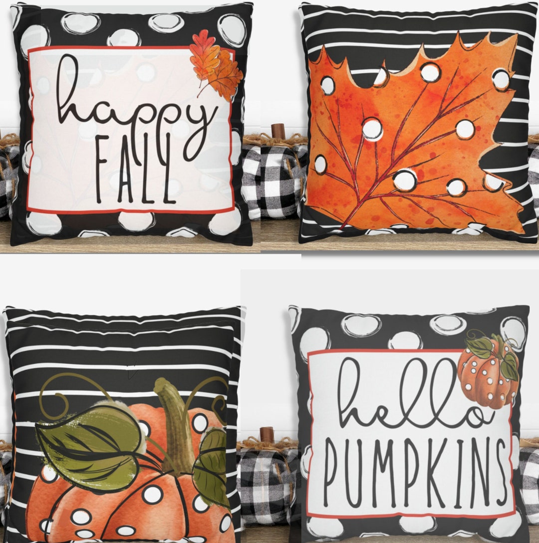 Fall Pillow Cover, Square Throw Pillow Covers, Dotted Pumpkin and Leaf ...